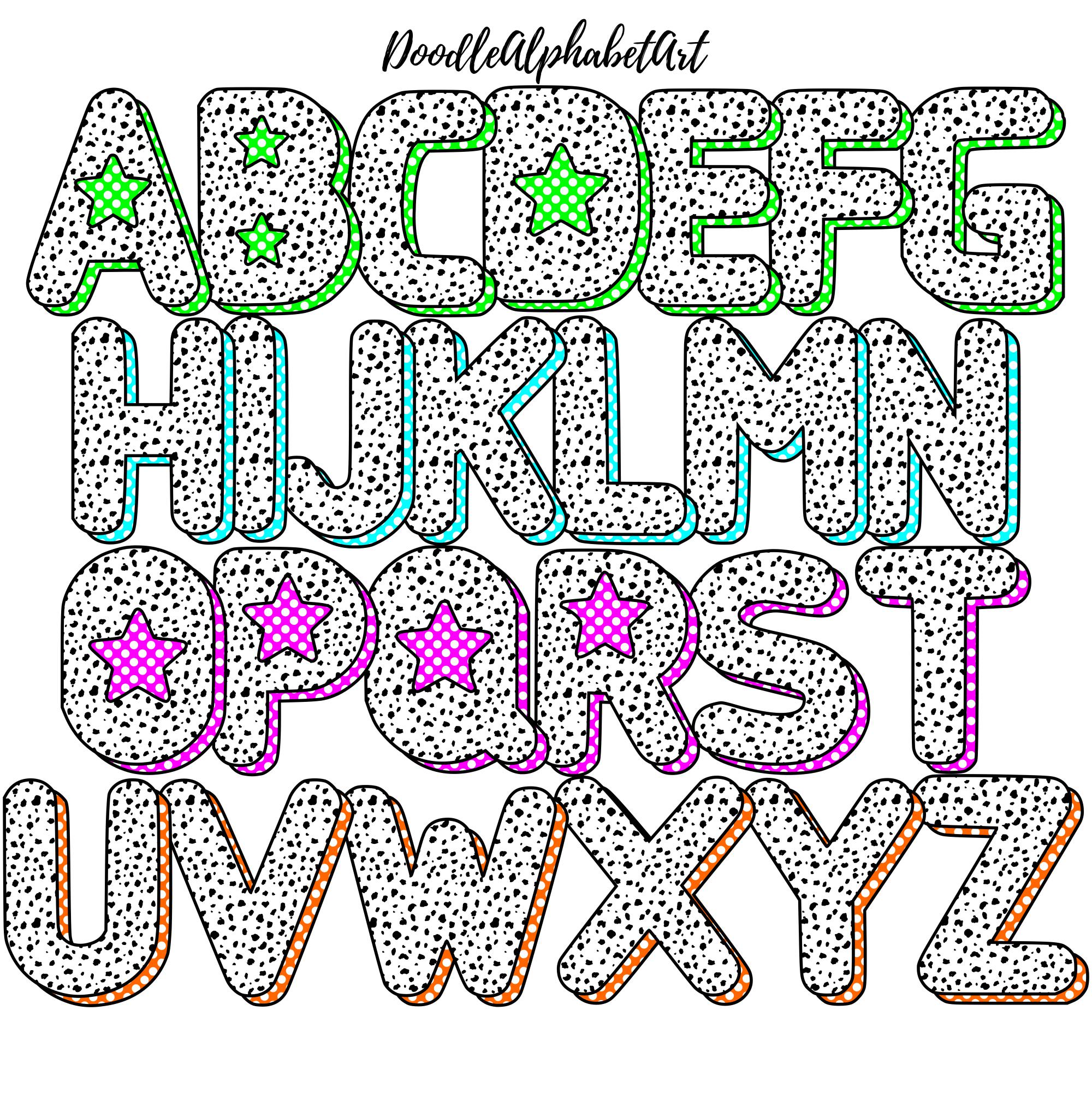 Star Dalmatian Doodle Alphabet PNG Bundle: Bright Color Alpha Sets ...