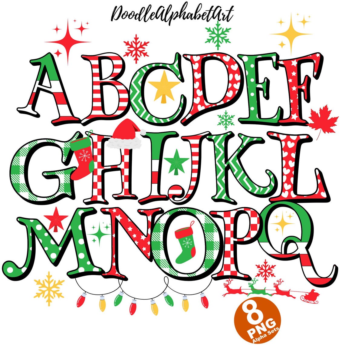 Christmas Doodle Alphabet PNG Bundle | 8 Letter Sets + Clipart for DIY ...