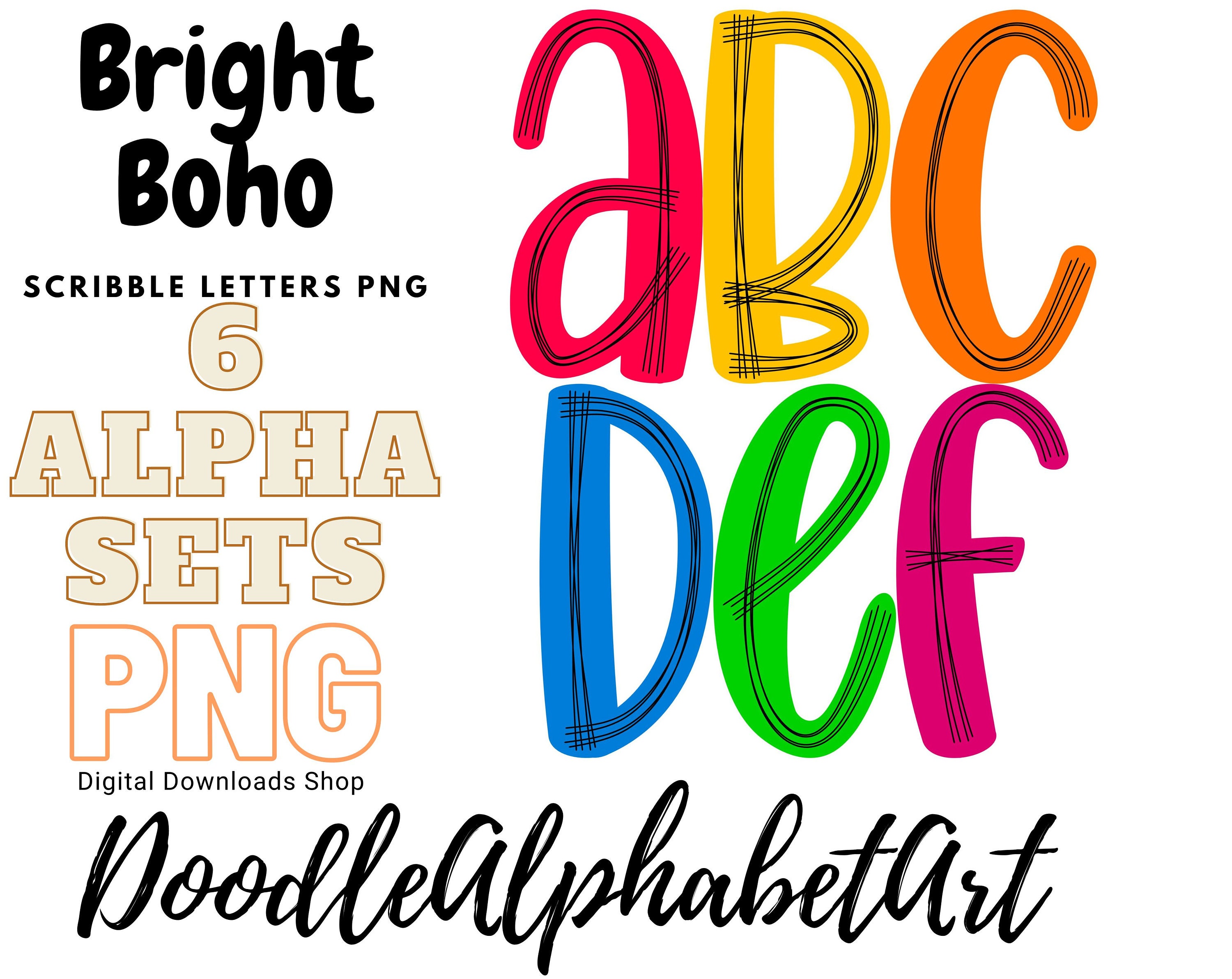 Bright Boho Scribble Letters PNG in 6 COLORS Doodle Alphabet - Etsy
