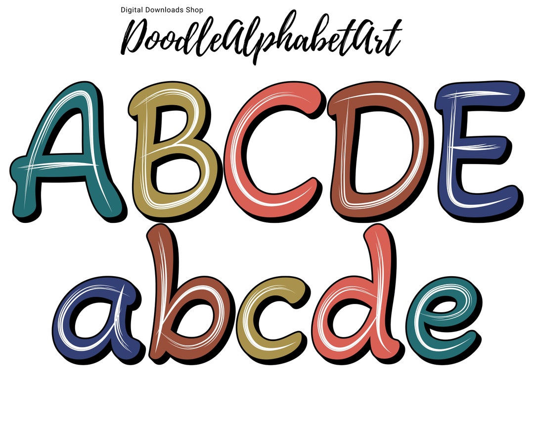 Scribble Doodle Alphabet PNG, Block Shadow PNG Font, Boho Color Palette ...