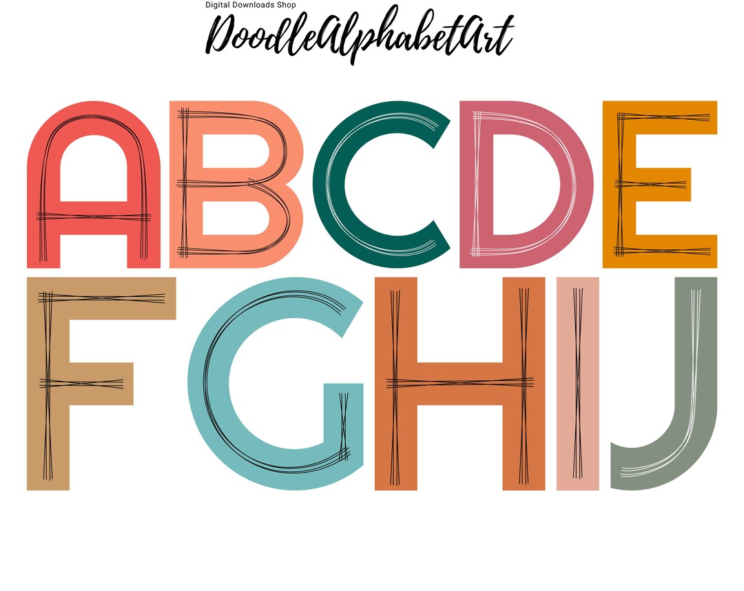 Boho Alphabet Scribble Letters PNG Set in 10 Colors, Digital Doodle ...