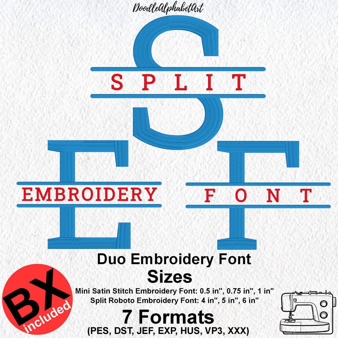 Split Roboto Embroidery Font, 7 Formats + BX | Satin Stitch Duo ...
