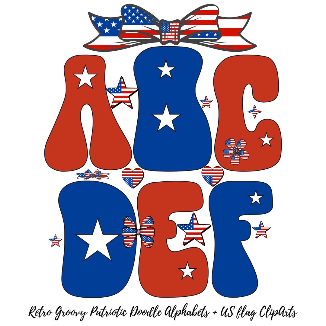 Red & Blue Groovy Alphabet PNG Set, 27 Patriotic USA Flag Cliparts ...
