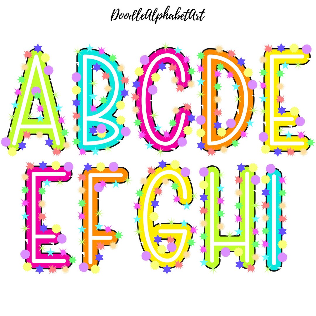 White Centerline Doodle Alphabet Letters PNG Bundle, Bright Color, 5 ...