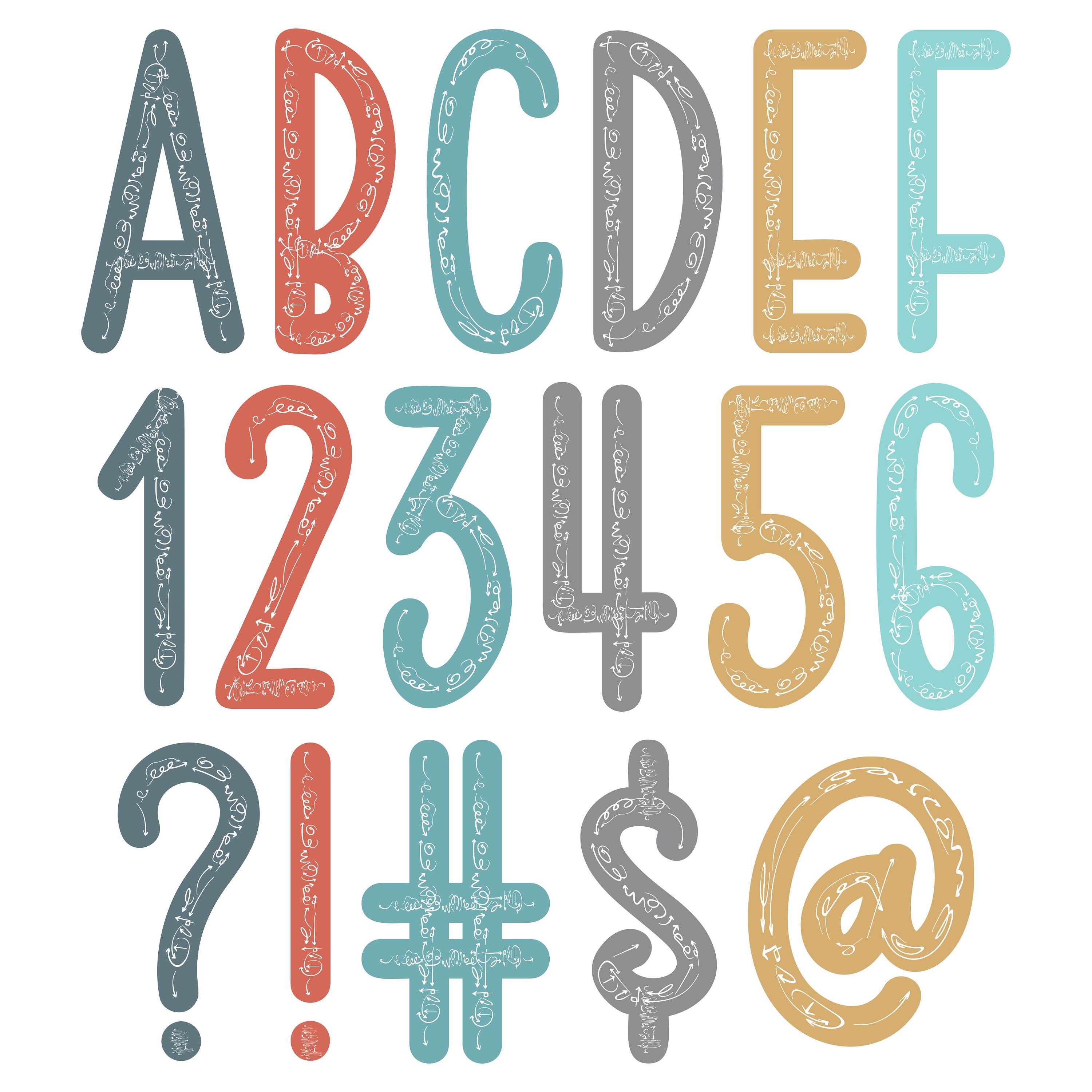 Scribble Arrow Letters PNG in 6 Boho Retro Color Hand Drawn - Etsy