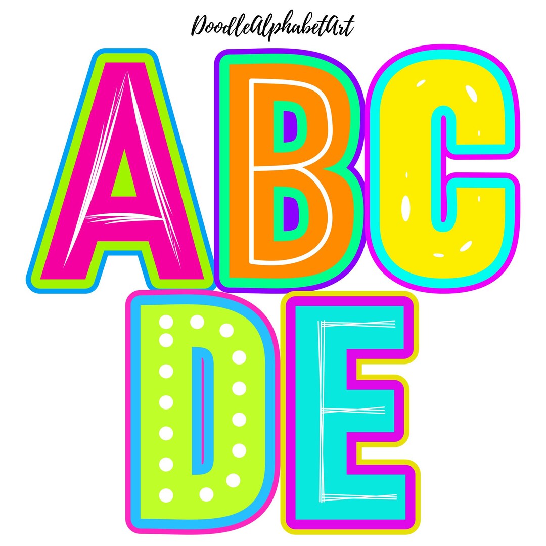 Bright Colorful Funky Alphabet PNG Bundle, 5 Alpha Sets, Scribble Alpha ...