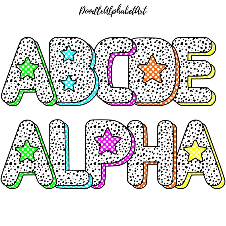 Star Dalmatian Doodle Alphabet PNG Bundle: Bright Color Alpha Sets ...