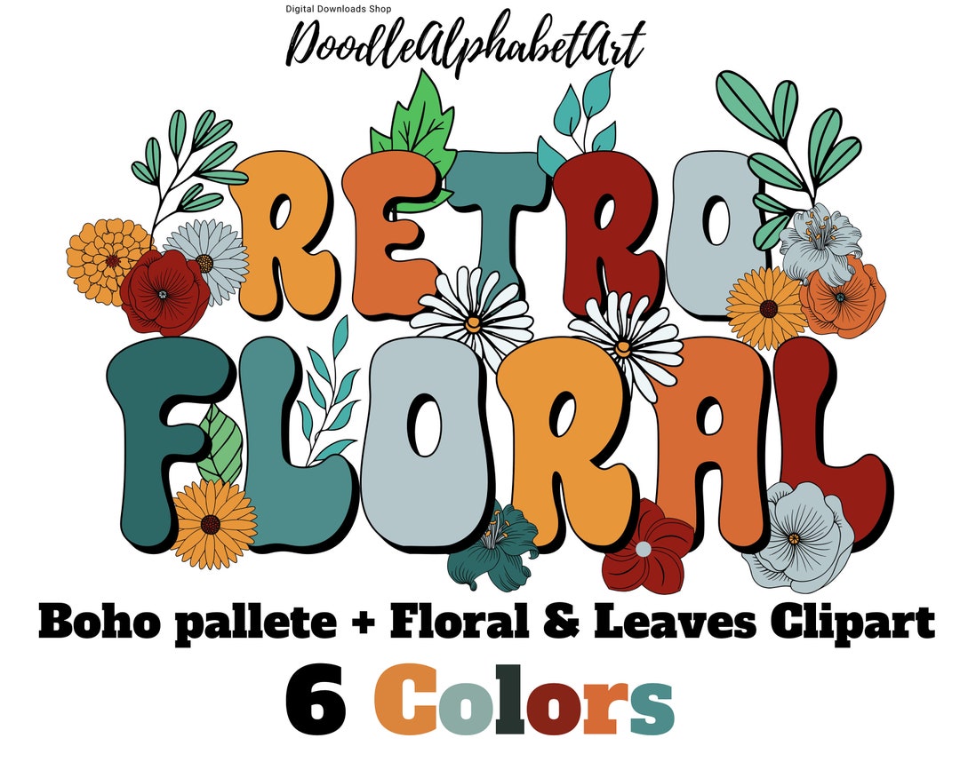 Retro Boho Alphabet Floral & Leaves Set PNG With Clipart, Bohemian Hand ...