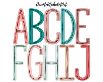 Center Line Scribble Letters PNG in 10 Colors, Bright Boho Doodle ...