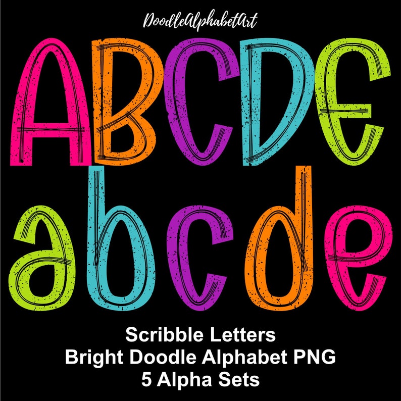 Bright Doodle Alphabet PNG: Vintage Grunge Letters, 5 Sets (digital ...