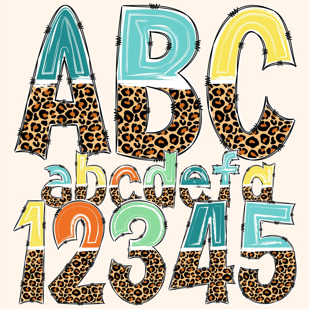Leopard Split Alphabet Digital PNG, Half Leopard Color Doodle Letters ...
