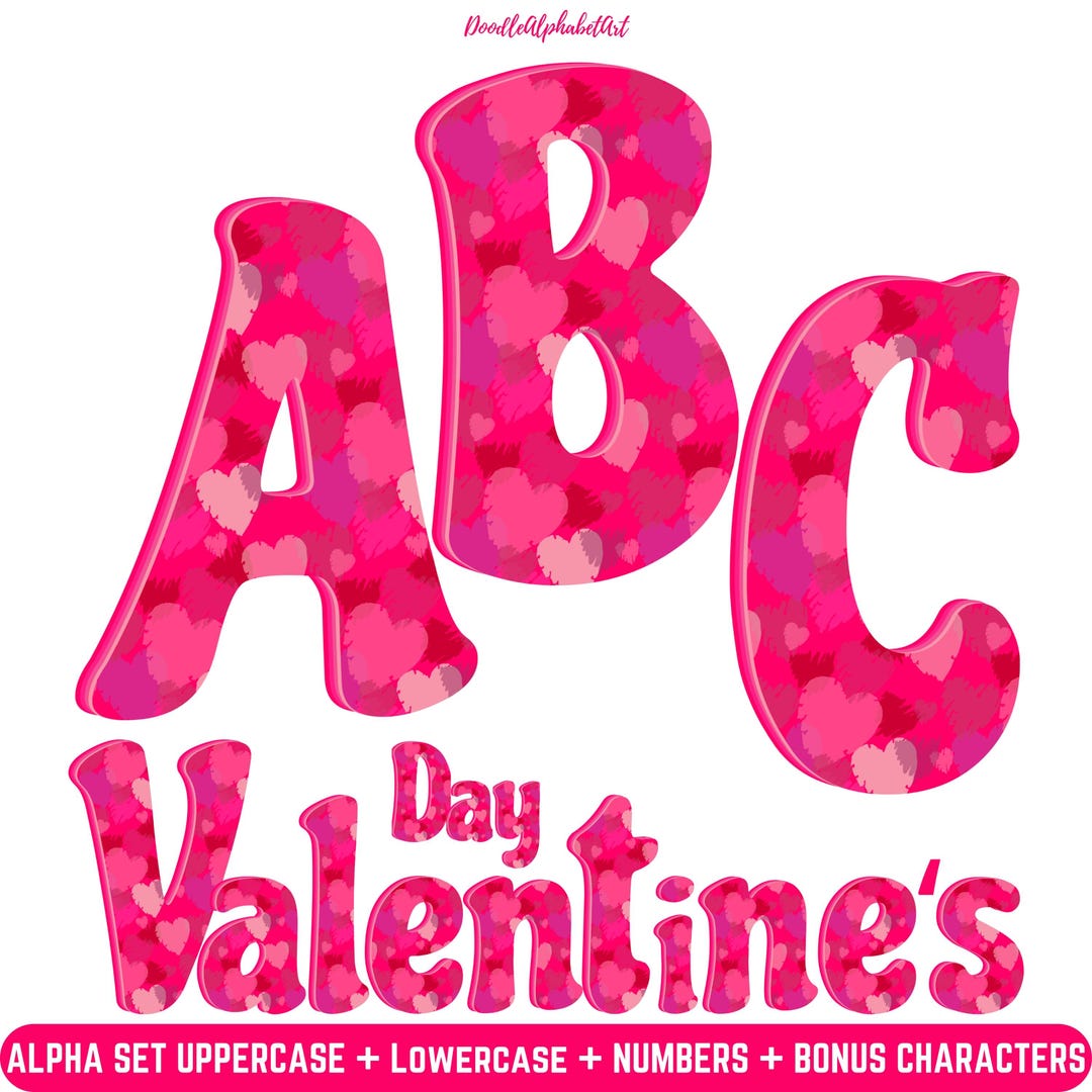 Girly Love Doodle Alphabet PNG Bundle, Valentine's Day Shades of Pink ...