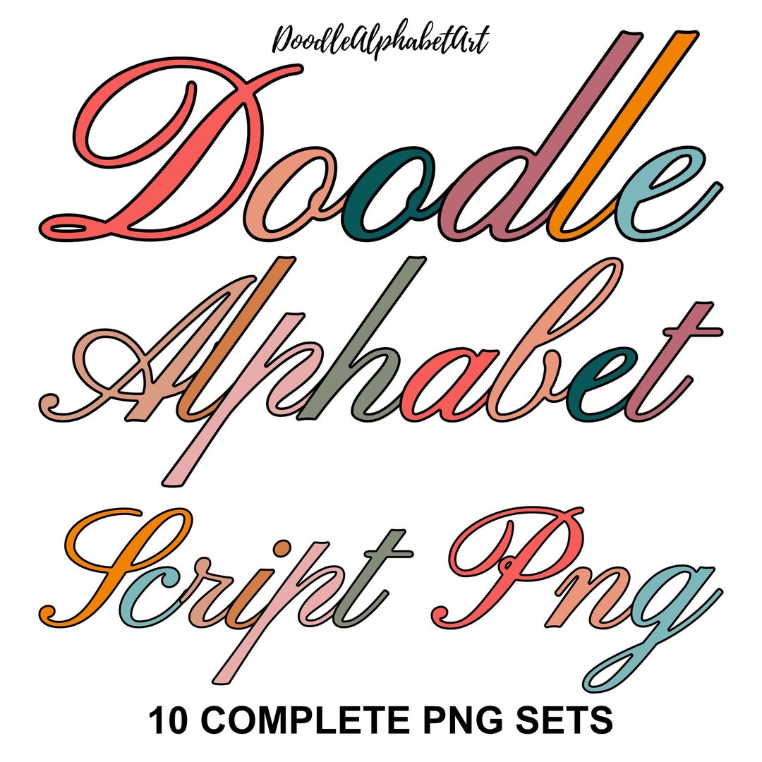 Boho Doodle Alphabet Bundle - Romantic Script Font PNG, 10 Alpha Sets ...
