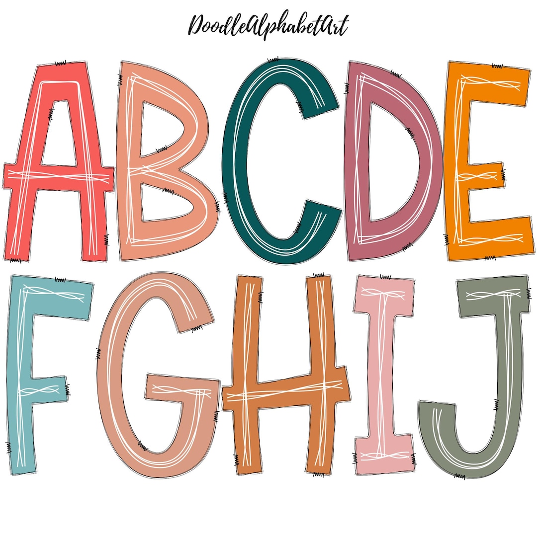 Boho Outline Scribble Alphabet PNG Bundle, Bohemian Color Palette ...