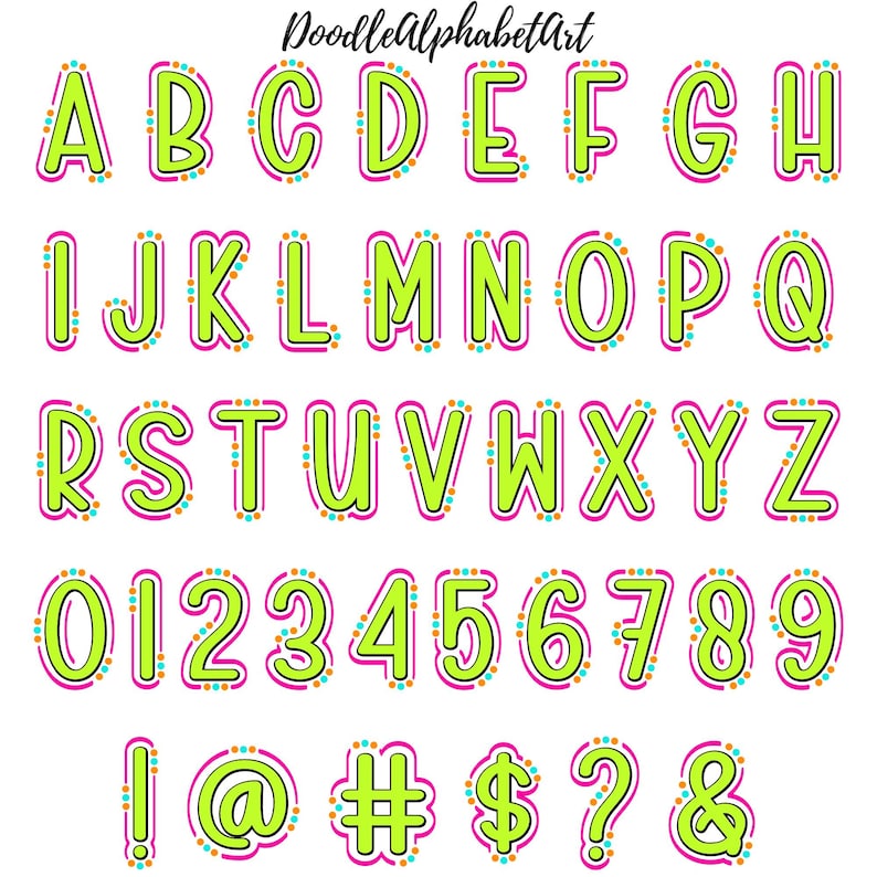 Doodle Alphabet PNG Bundle: Colorful Dots & Lines Fonts (digital ...