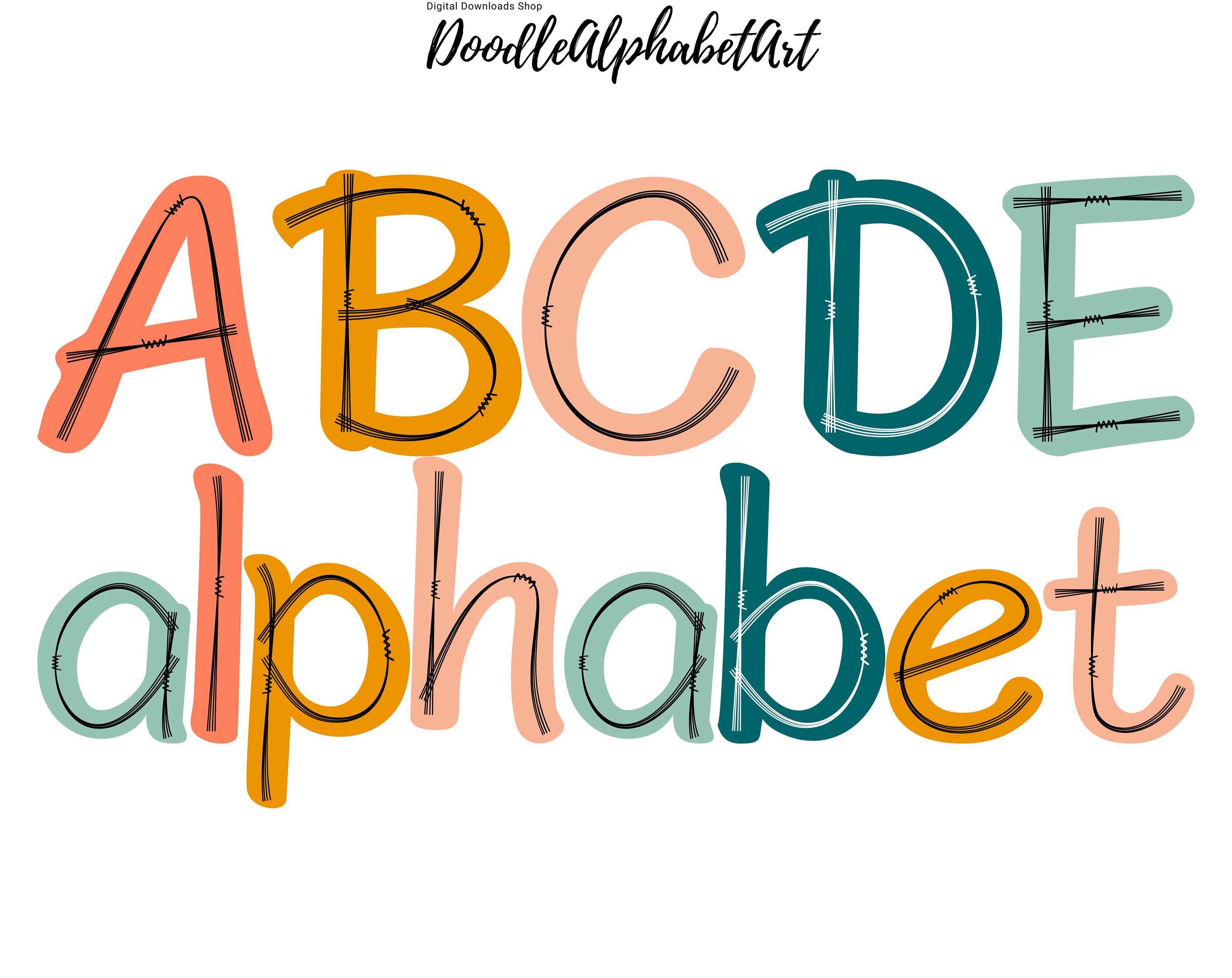 Boho Doodle Alphabet PNG Bundle: Bright Color Scribble Letters (digital ...