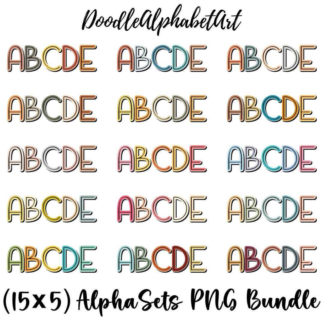 Black Centerline Doodle Alphabet Letters Mega PNG Bundle, Block Shadow ...