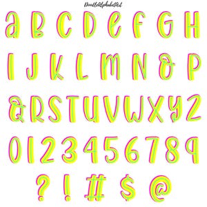 Neon Letters Centerline Doodle Alphabet PNG Bundle, Funky Neon Colors ...