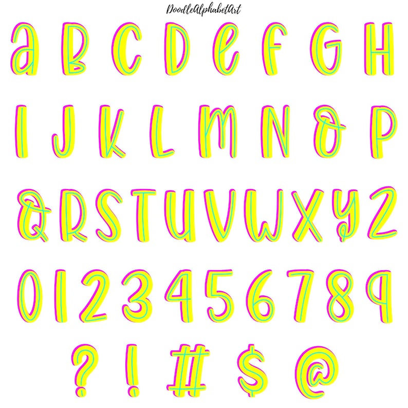 Neon Letters Centerline Doodle Alphabet PNG Bundle, Funky Neon Colors ...