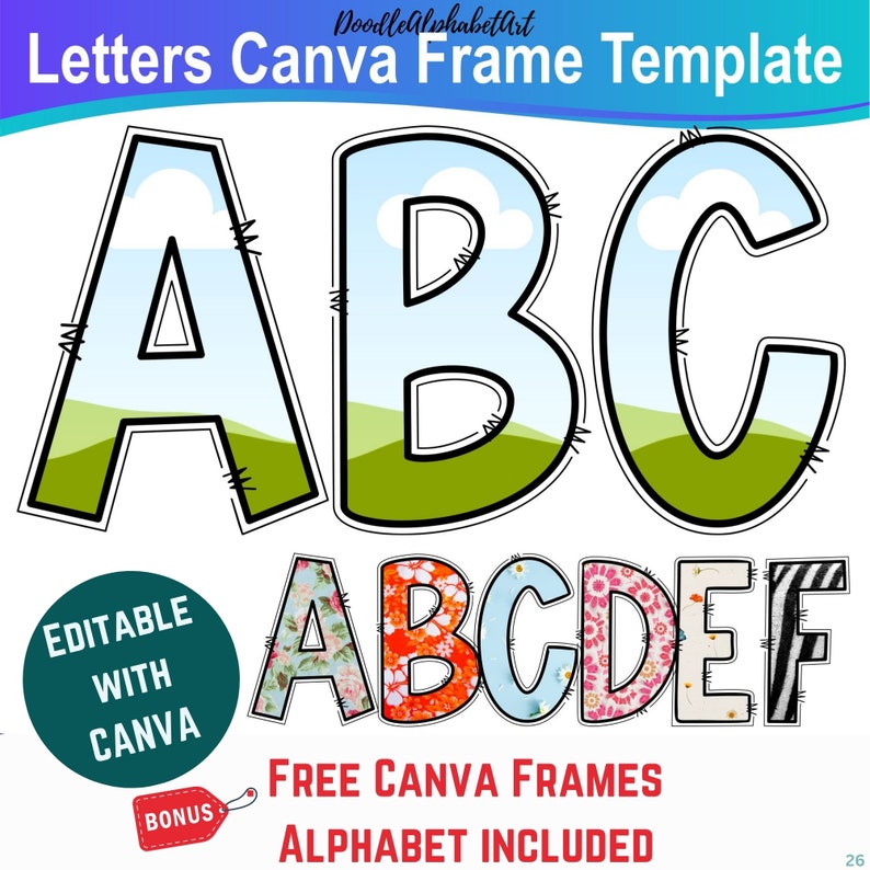 Doodle Alphabet Canva Frame Template: Drag & Drop Letters (digital ...