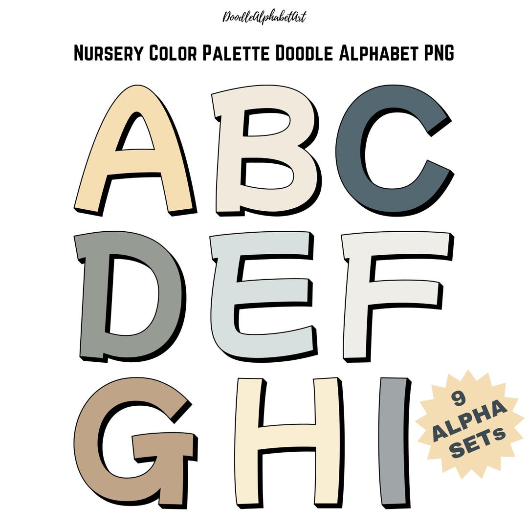 Nursery Color Doodle Alphabet PNG Bundle, Nursery Letters With Outline ...