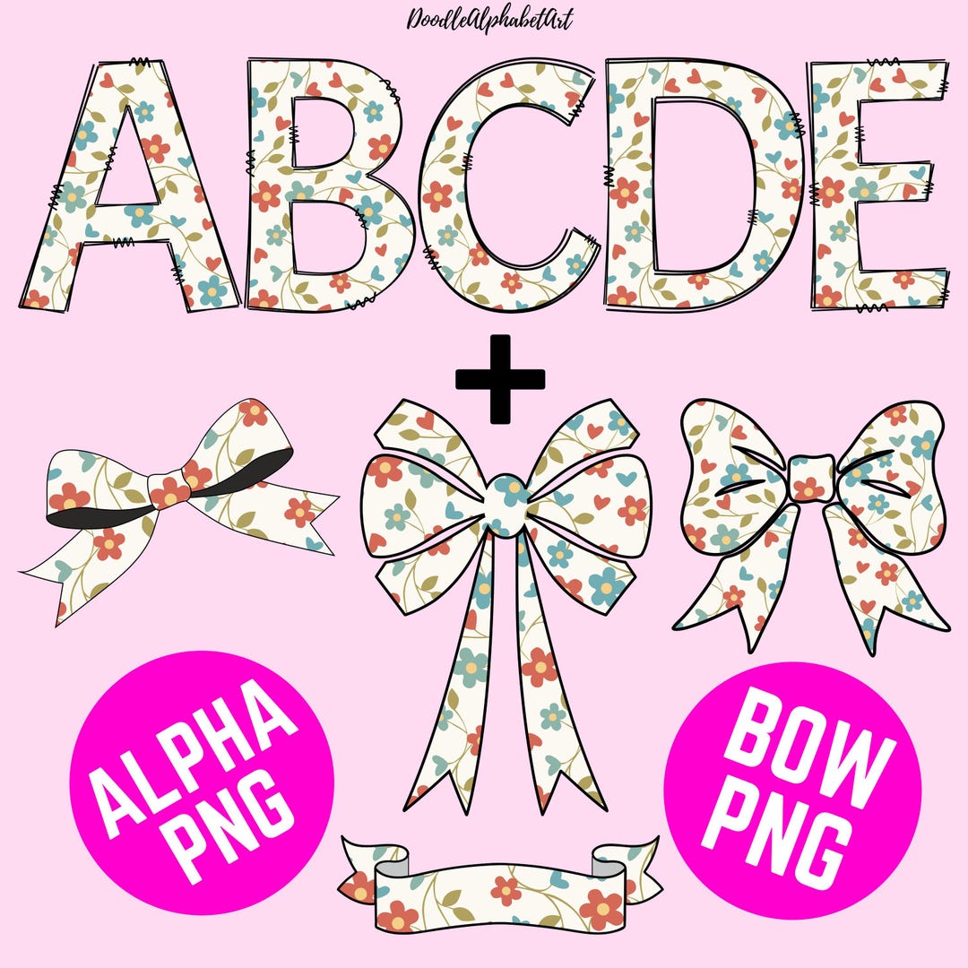 Colorful Floral Bow Coquette Clipart & Scribble Doodle Alphabet PNG ...