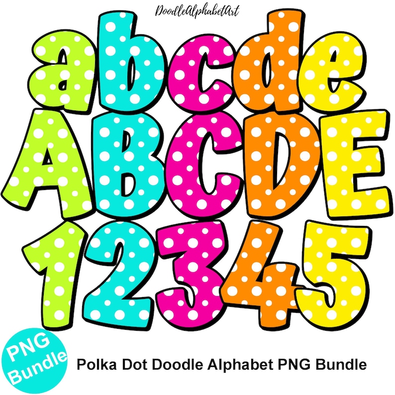 Polka Dot Doodle Alphabet PNG Bundle: Bright Color Letters, Numbers ...