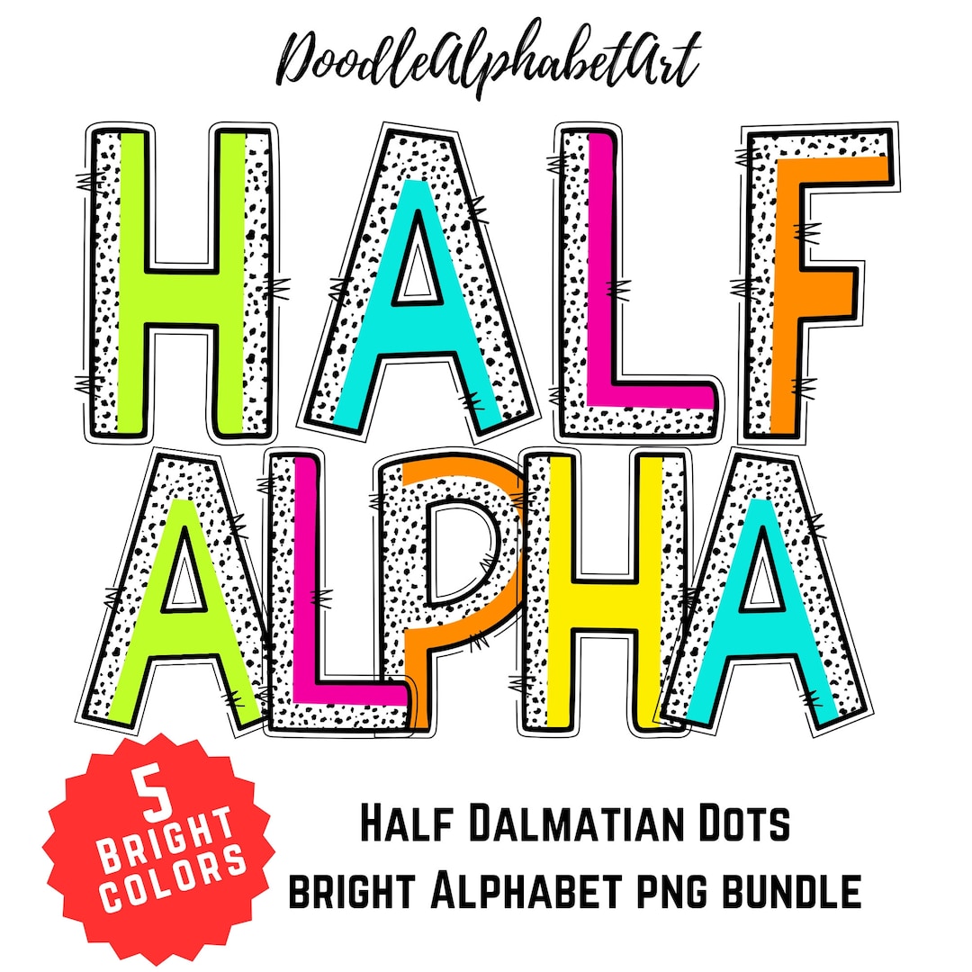 Half Dalmatian Doodle Alphabet PNG Bundle Mixed With Bright Color ...