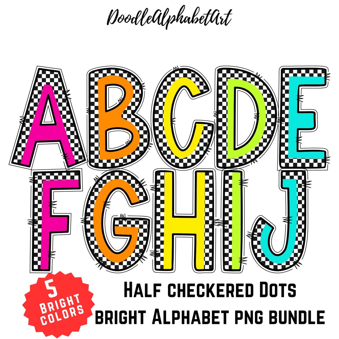 Half Checkered Doodle Letters PNG Bundle Mixed With Vibrant Bright ...