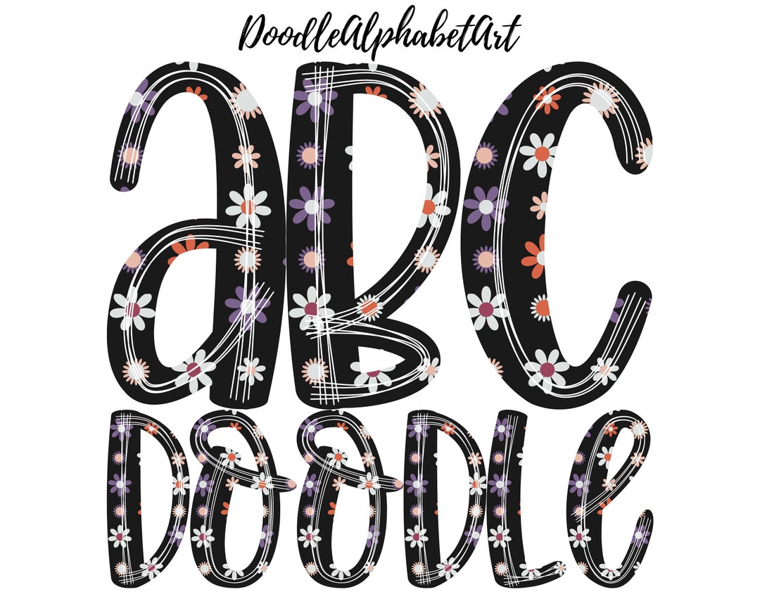 White Scribble Letters PNG, Colorful Floral Alphabet With Black ...