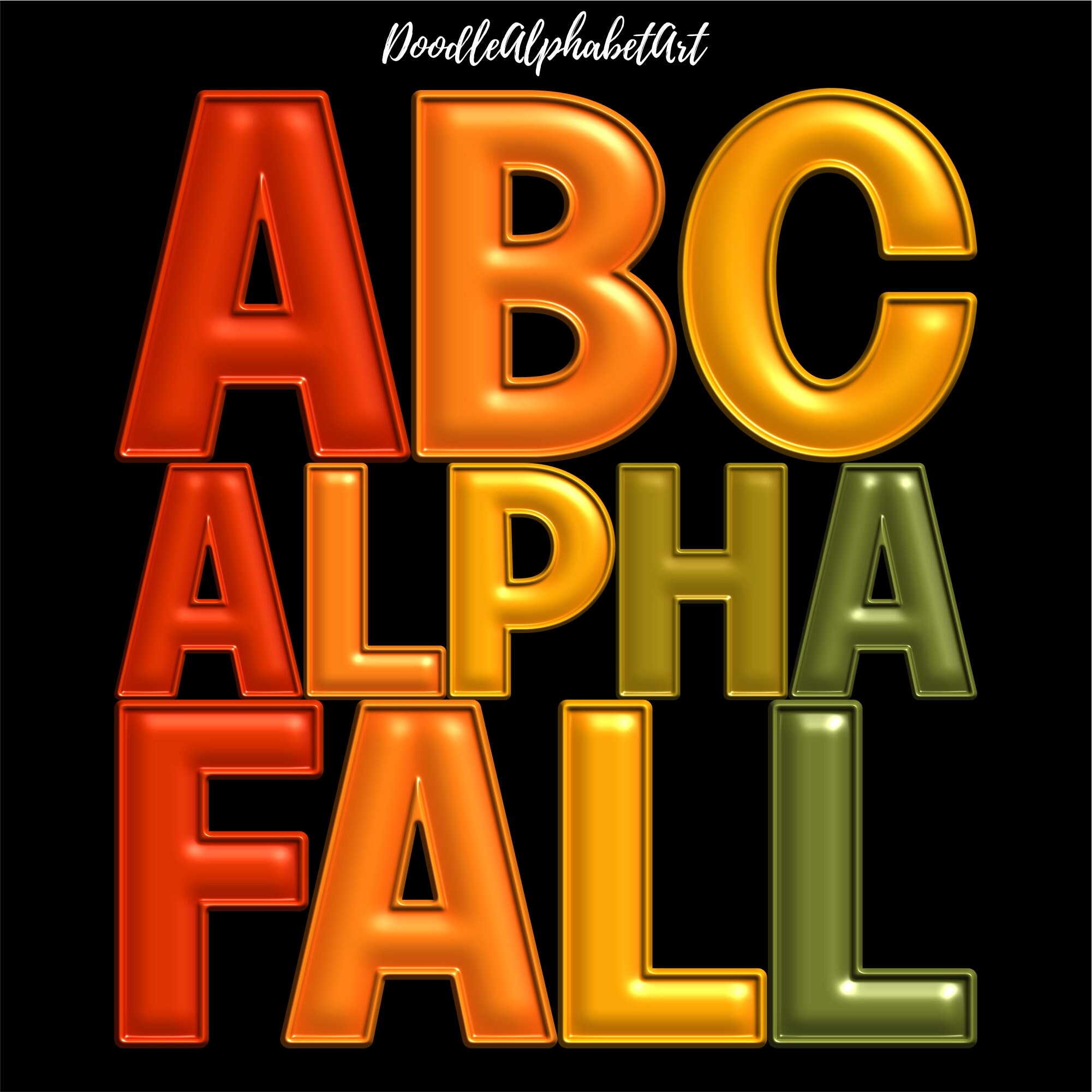 Fall Colors Inflated Alphabet PNG Bundle: 5 Doodle Letter Sets (digital ...