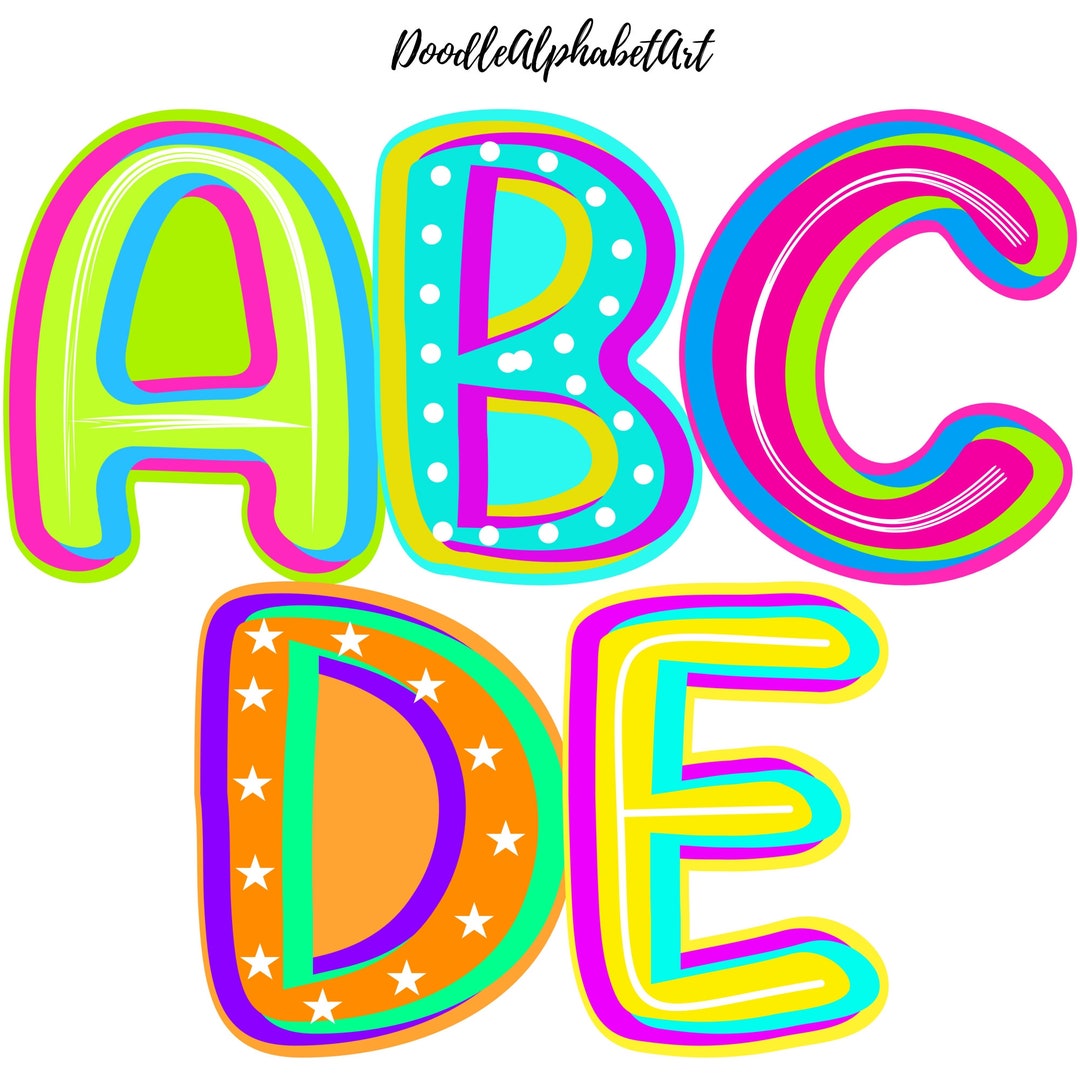Funky Neon Doodle Alphabet PNG Bundle, 5 Playful Bright Doodle Letters ...