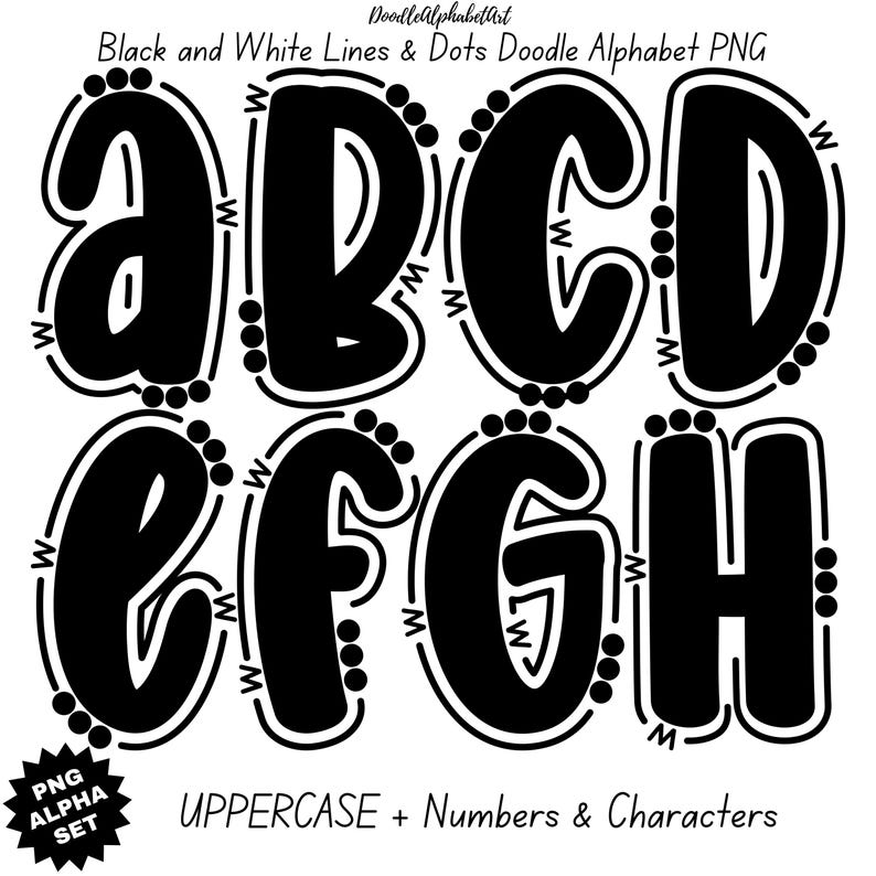 Doodle Alphabet PNG: Black and White Outlined Letters (digital Download ...