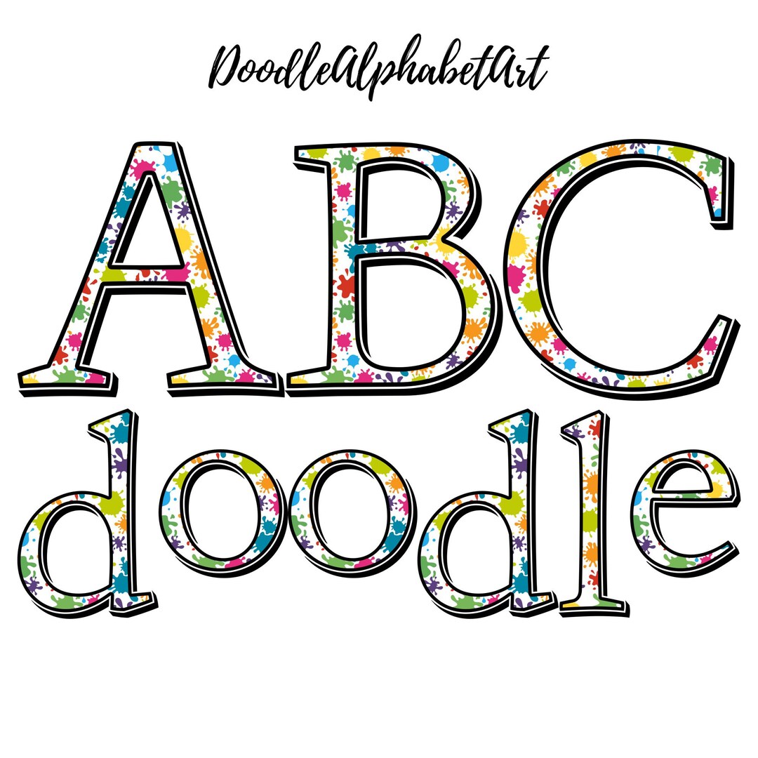 Doodle Alphabet Letters PNG, Paint Splats With Block Shadow Fonts, Hand ...