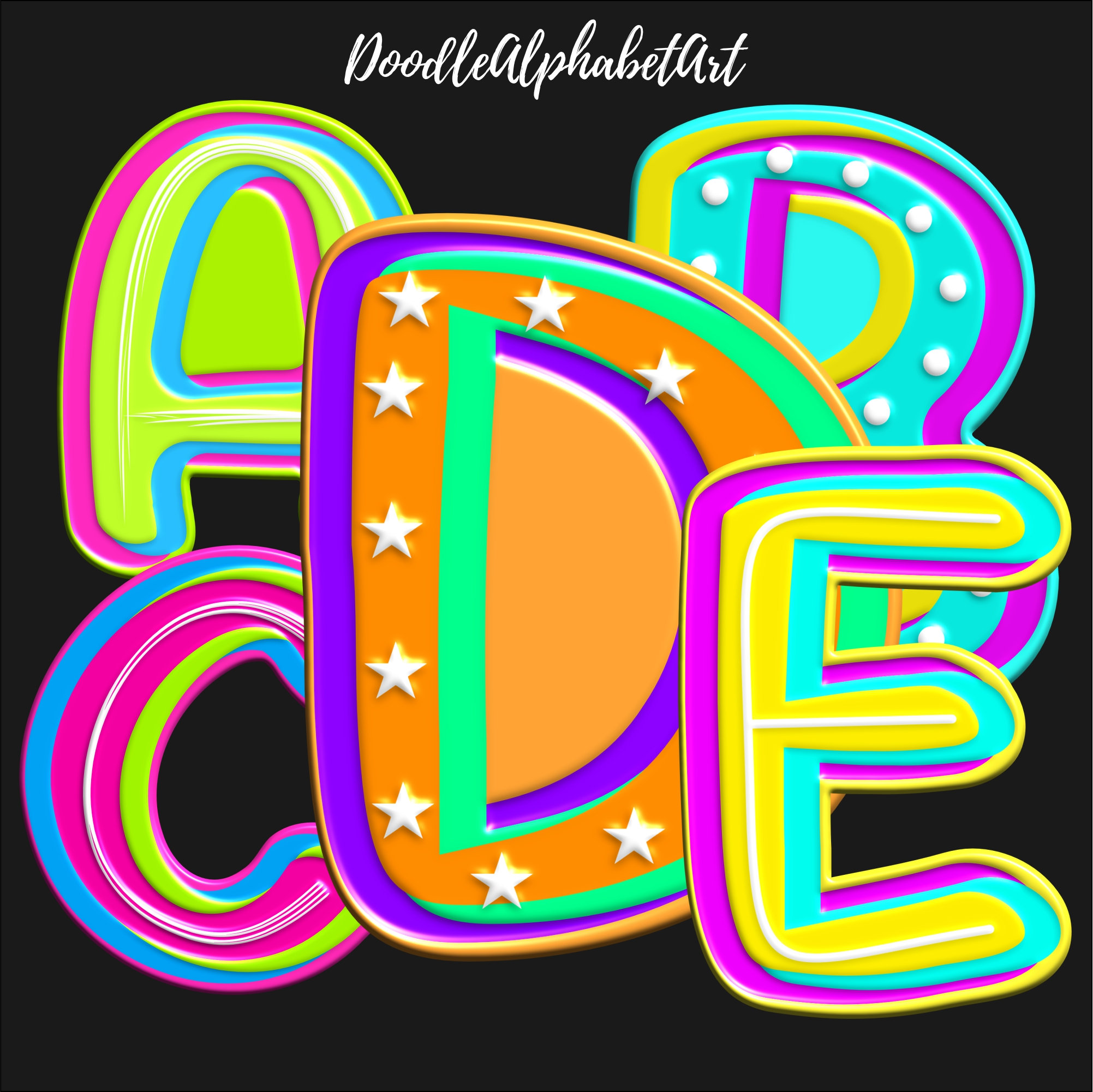 Funky Doodle Alphabet PNG Bundle: Colorful Inflated Letters (digital ...
