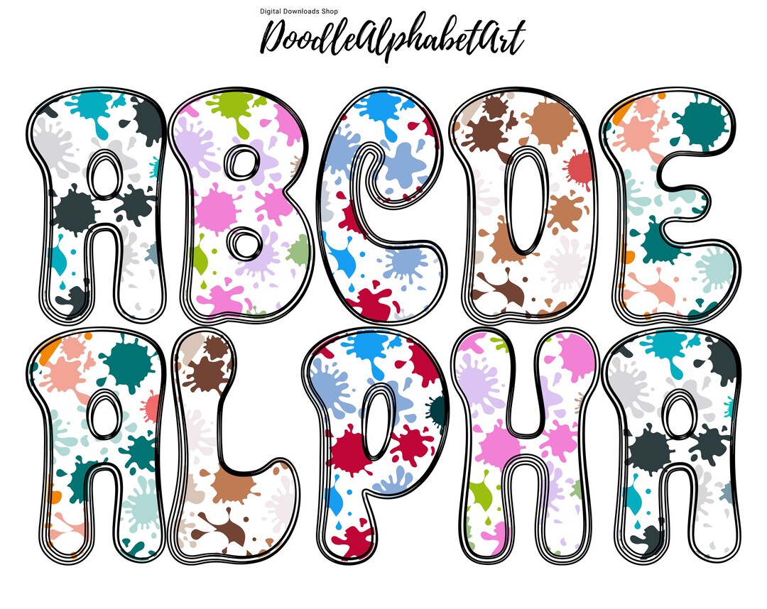 Summer Doodle Alphabet PNG, Scribble Alphabet PNG, Paint Splats ...