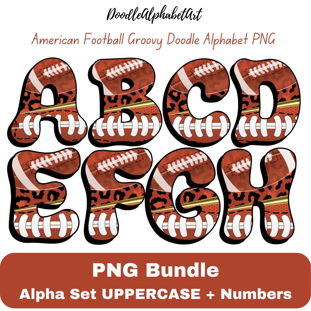 American Football Doodle Alphabet PNG Bundle, Half Leopard Groovy ...