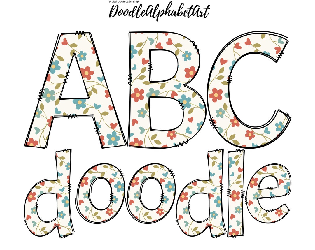 Floral Doodle Alphabet PNG: Hand-drawn Spring Flowers (digital Download ...