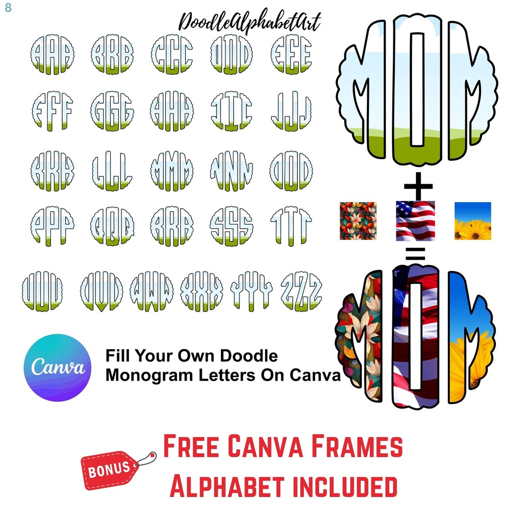 Fill Your Own DOODLE Monogram Letters on CANVA, Editable Canva Frame Template, Easy Drag and ...