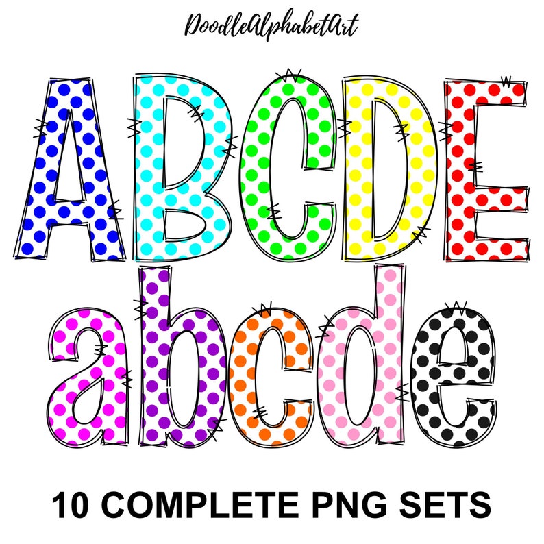 Polka Dot Doodle Alphabet PNG Bundle: 10 Colorful Letter Sets (digital ...