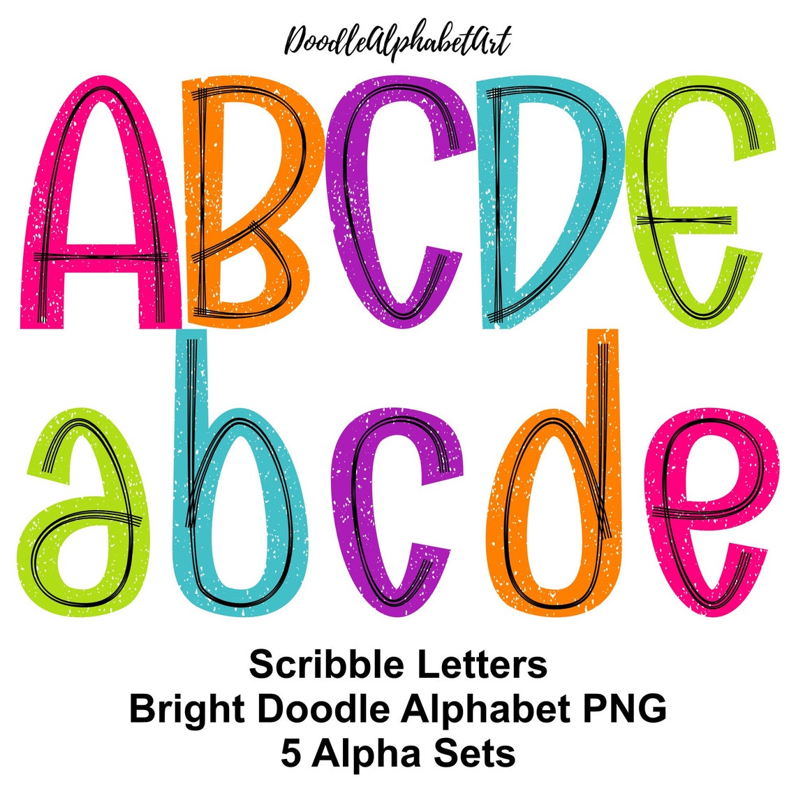 Bright Doodle Alphabet PNG: Vintage Grunge Letters, 5 Sets (digital ...