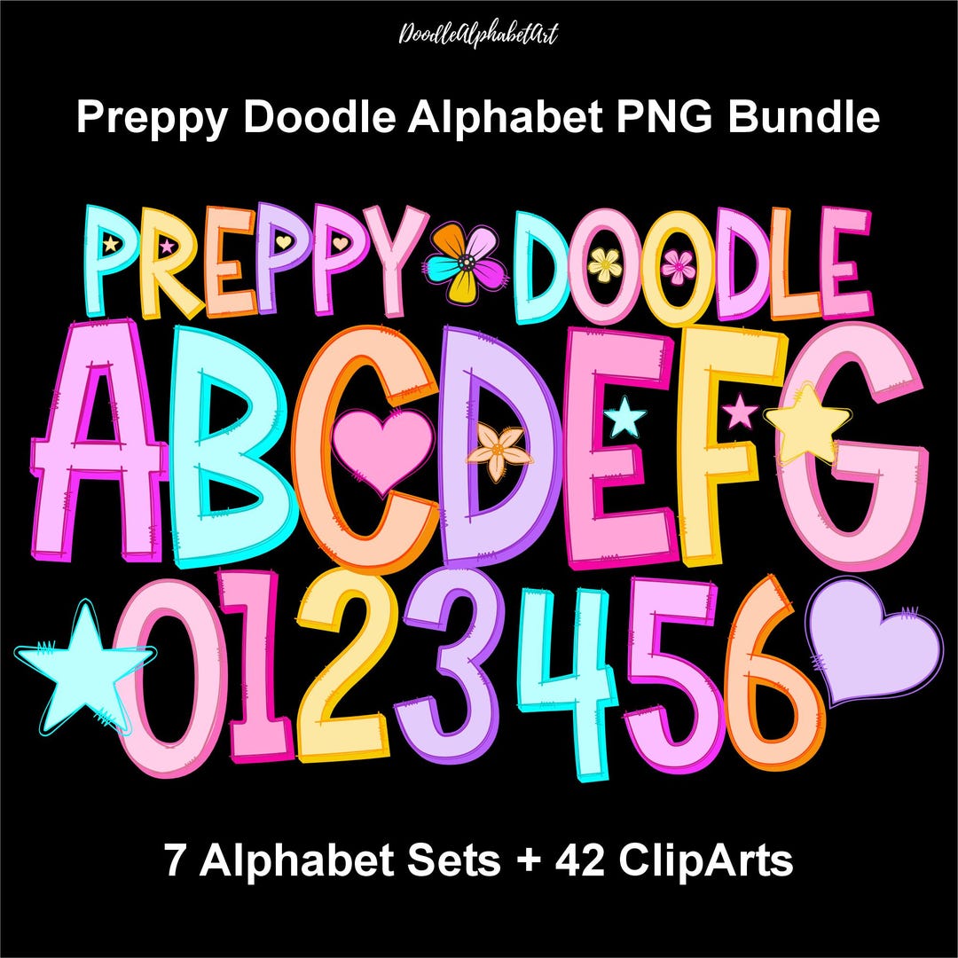 Preppy Sketched Doodle Alphabets PNG, 7 Preppy Alphabet Sets + 42 ...