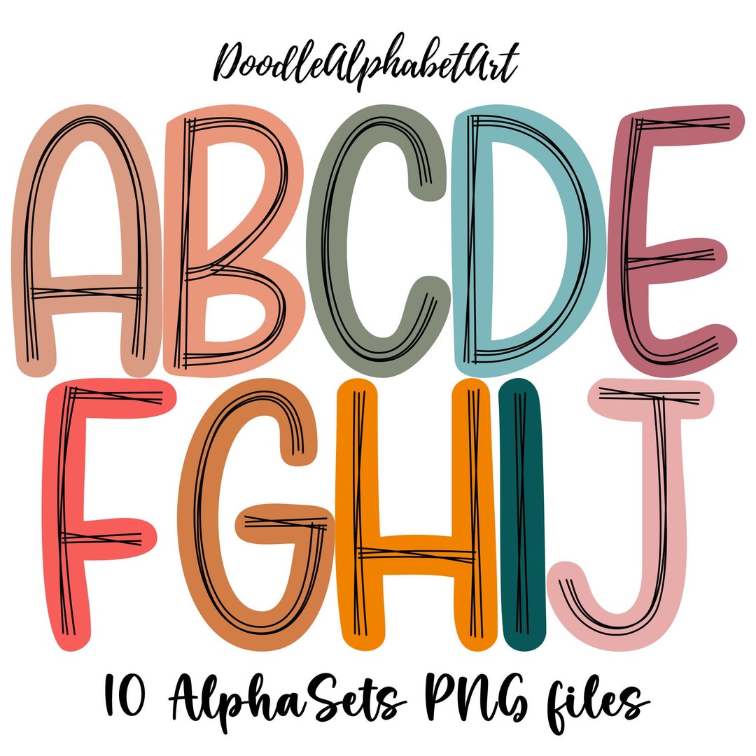 Scribble Boho Doodle Alphabet Letters PNG Bundle, Handwritten Comic ...