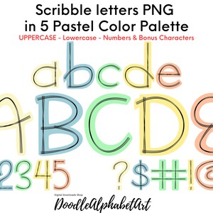 Scribble Letters PNG in 5 Pastel Color Palette, Digital Doodle Alphabet ...