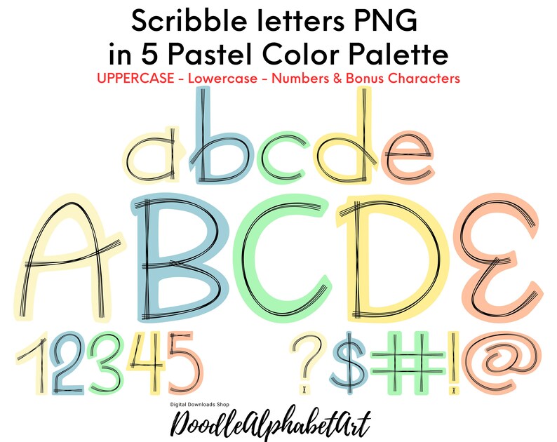 Scribble Letters PNG in 5 Pastel Color Palette Digital Doodle - Etsy