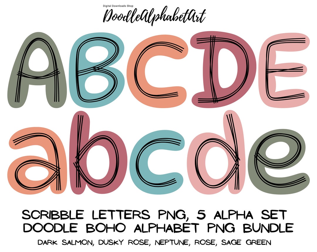 Boho Scribble Letters PNG, 5 Alphabet Set, Boho Doodle Alphabet PNG ...