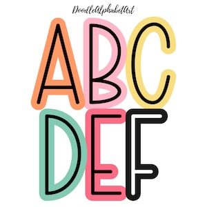 Doodle Alphabet PNG Bundle: Black Outline, Teacher Colors (digital ...