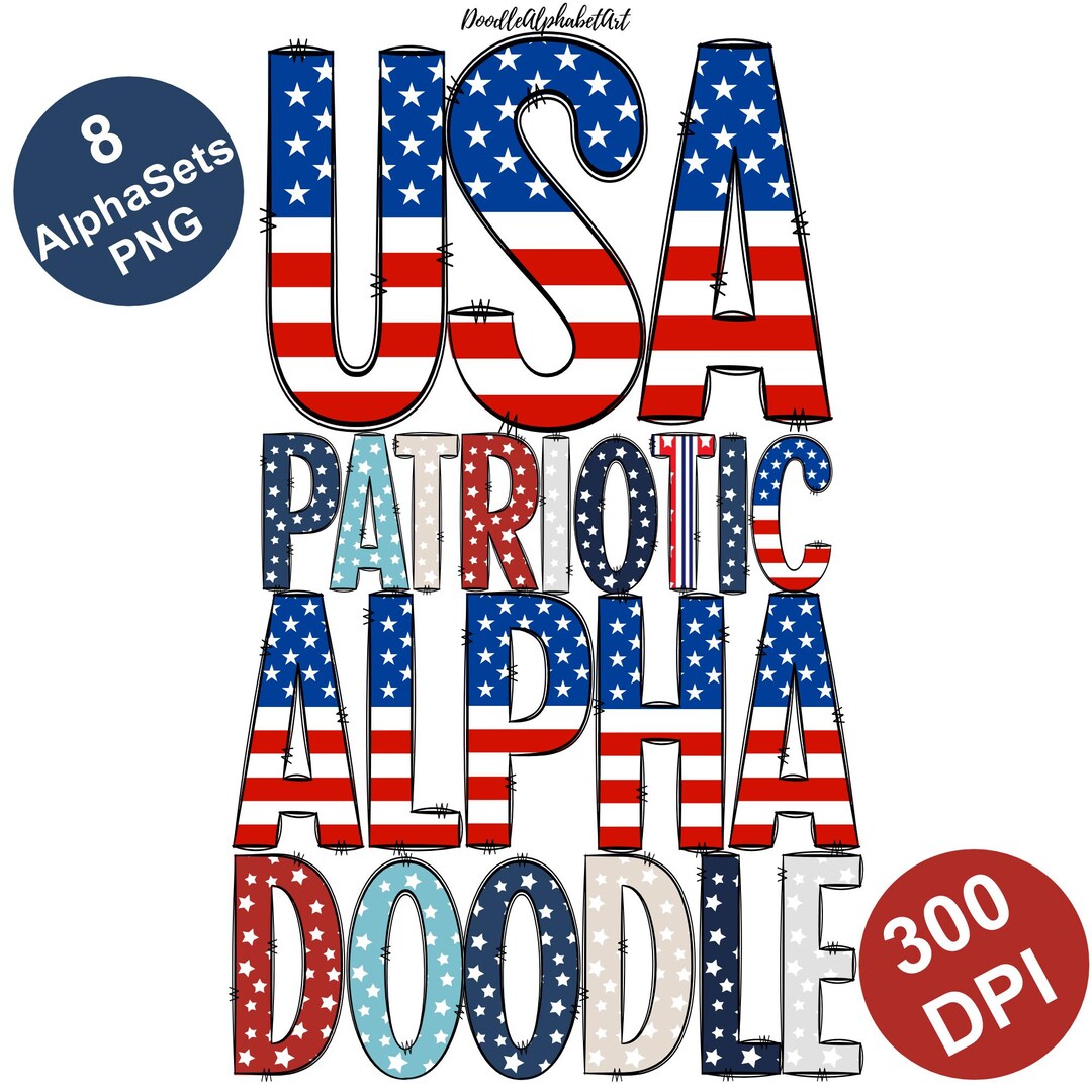 Patriotic Scribble Doodle Font Alphabet PNG, 8 Alpha Sets, USA Doodle ...