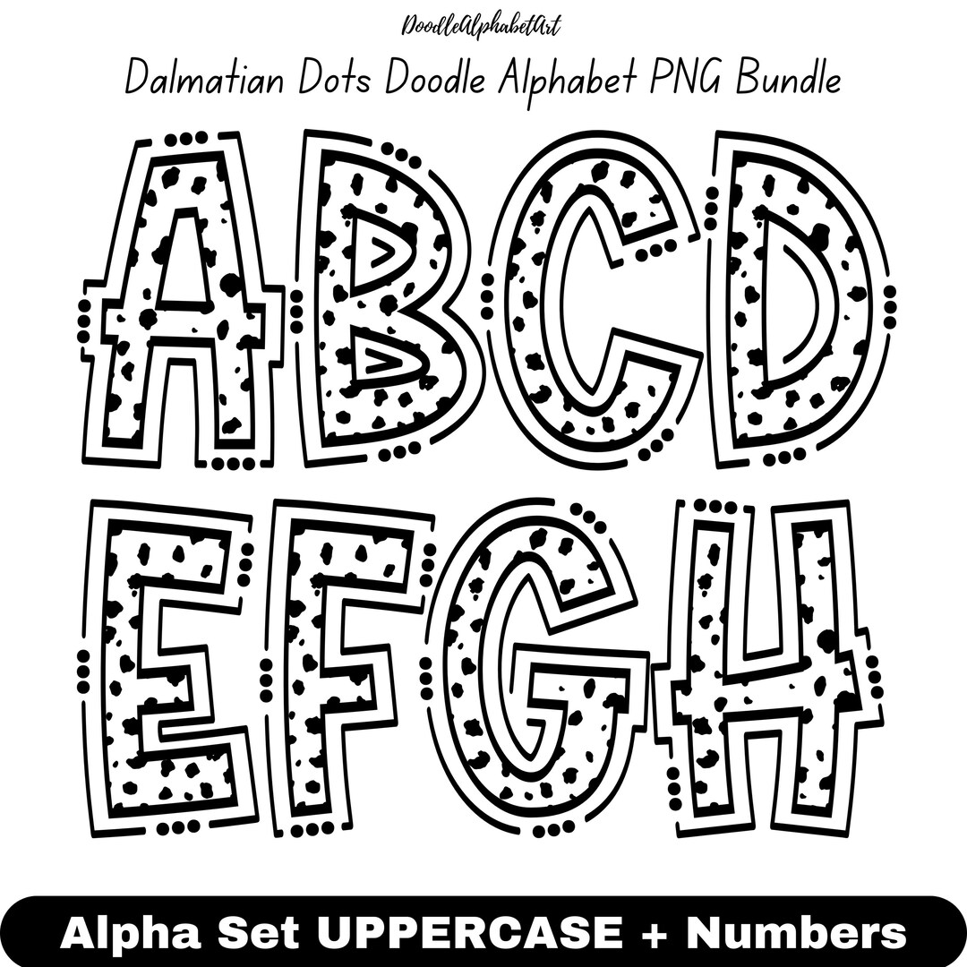 Dalmatian Dots Outlined Doodle Alphabet PNG Bundle, Digital Hand-drawn ...