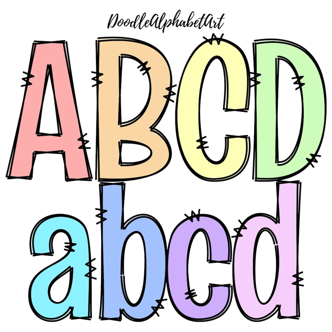 Hand-drawn Doodle Alphabet PNG Bundle - 8 Sets, Pastel Colors ...